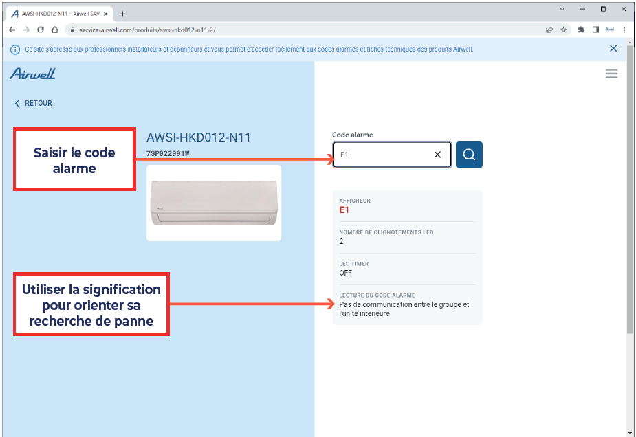 Trouver la signification d'un code erreur – Airwell